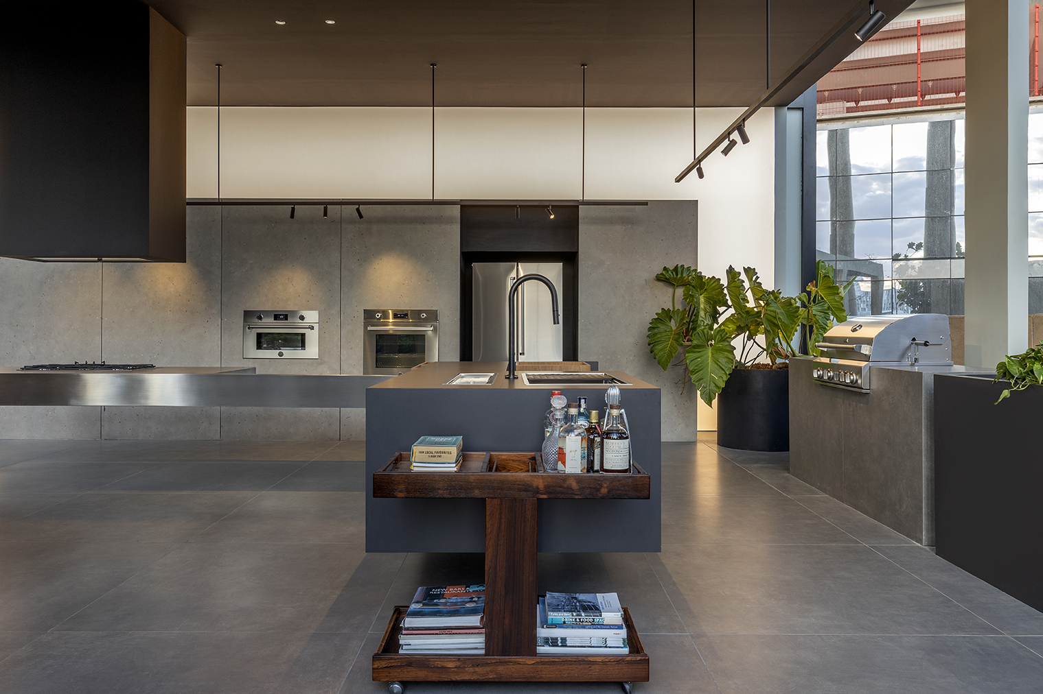 Straight lines and suspended countertops stand out in this gourmet kitchen